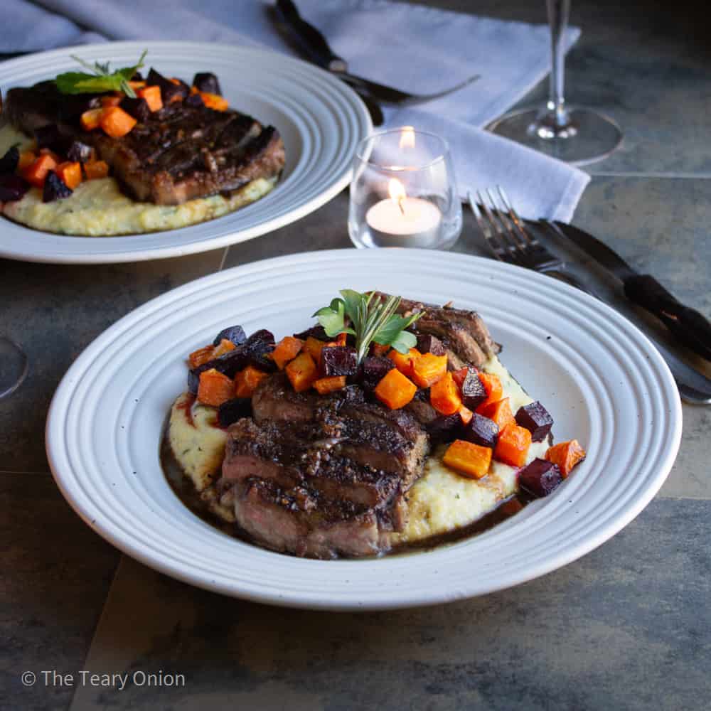 Steak and Polenta with Roasted Root Vegetables - The Teary Onion