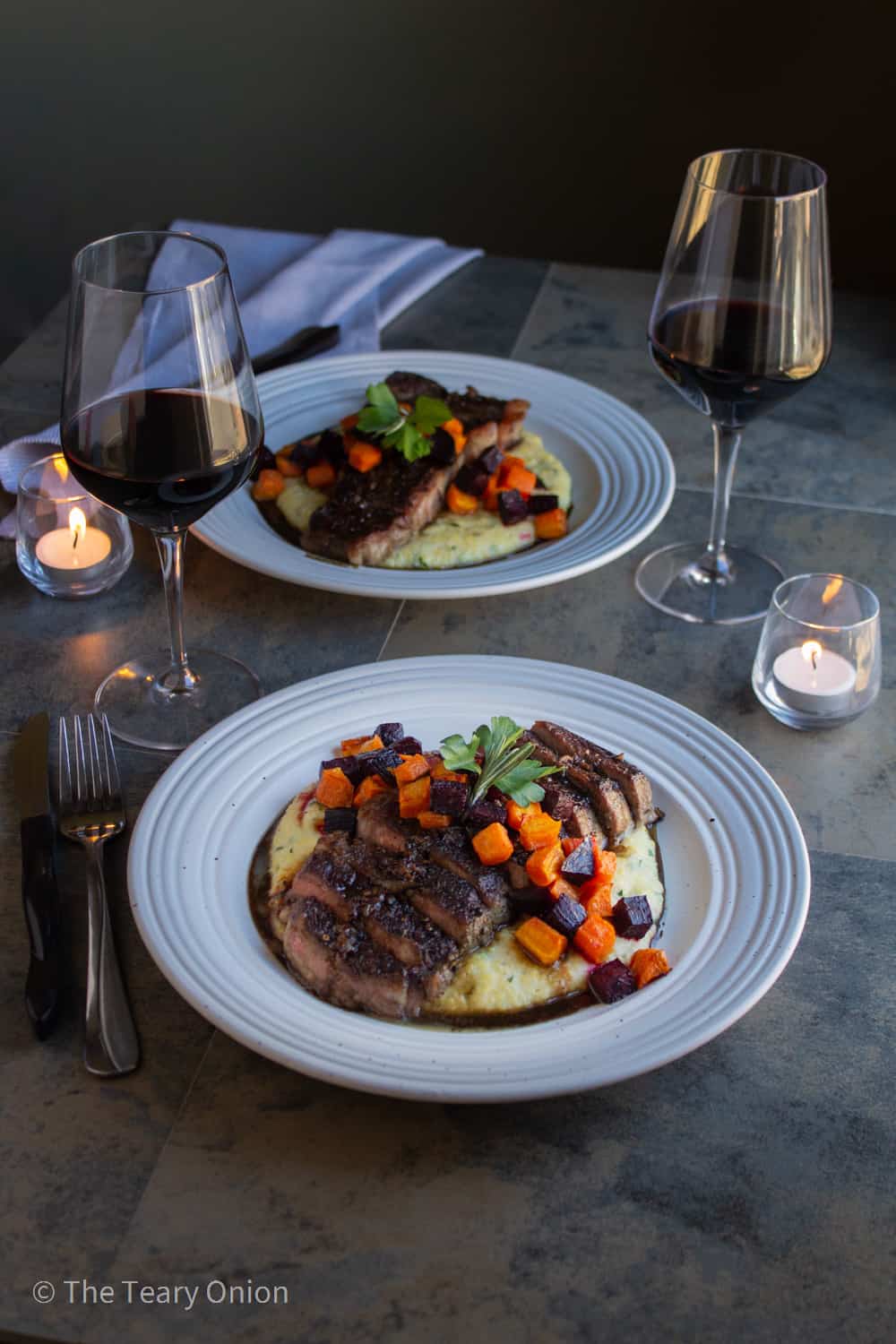 Steak and Polenta with Roasted Root Vegetables - The Teary Onion